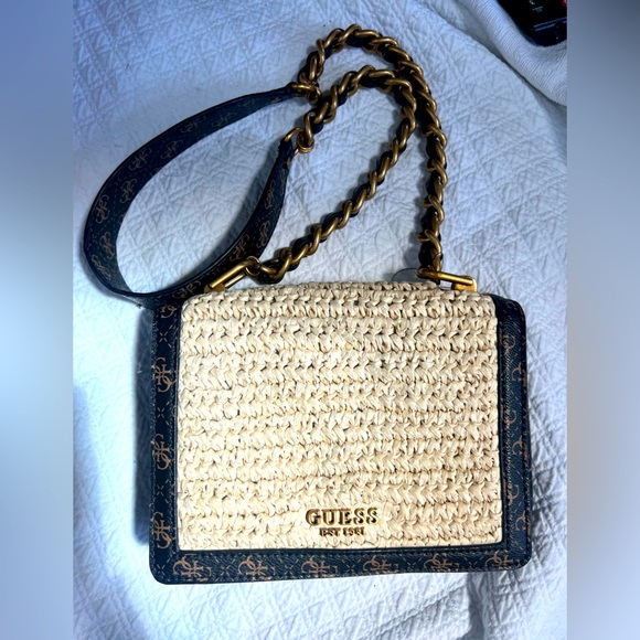 Guess | Bags | Nwot Guess Abey Woven Straw With Logo Brown Trim Heavy ...